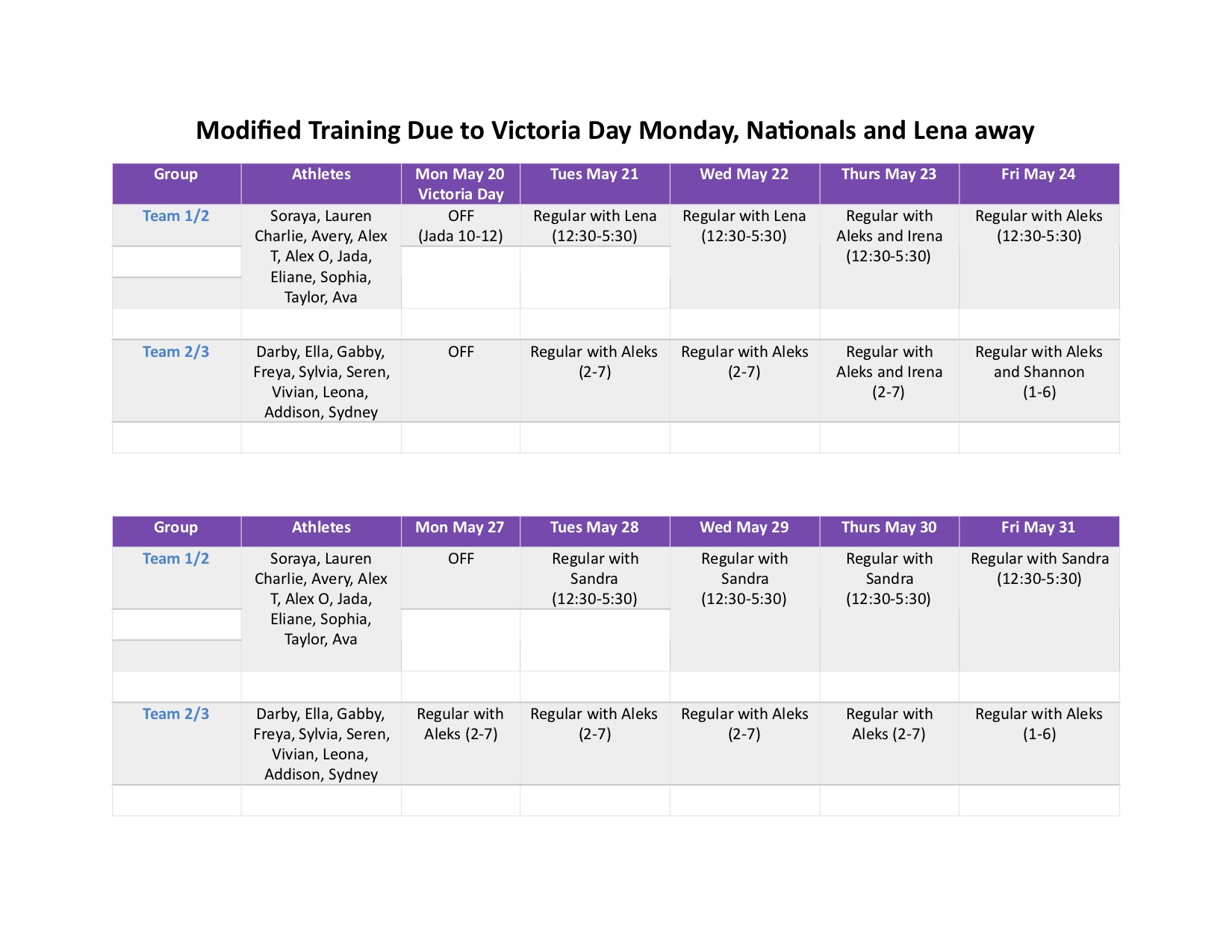 WAG Modified Schedule - Oakville Gymnastics