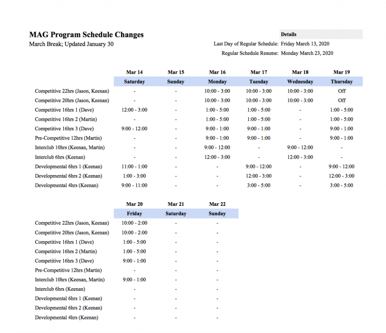 MARCH BREAK CALENDAR - Oakville Gymnastics