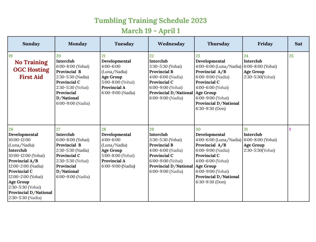 March 19-April 1 2023 Training Schedule - Oakville Gymnastics March 19-April 1 2023 Training ...