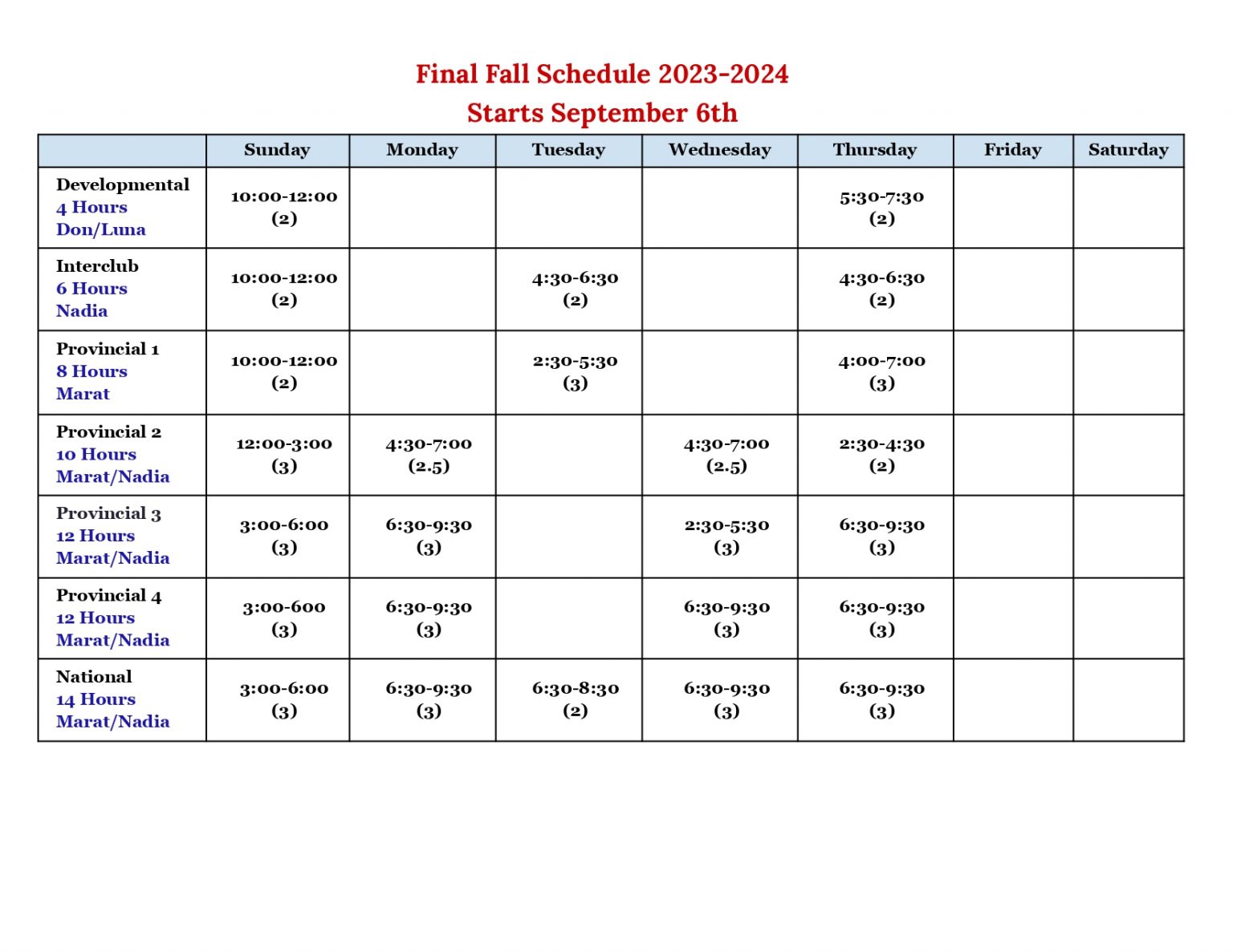 Final Fall Schedule - 6th September - Oakville Gymnastics