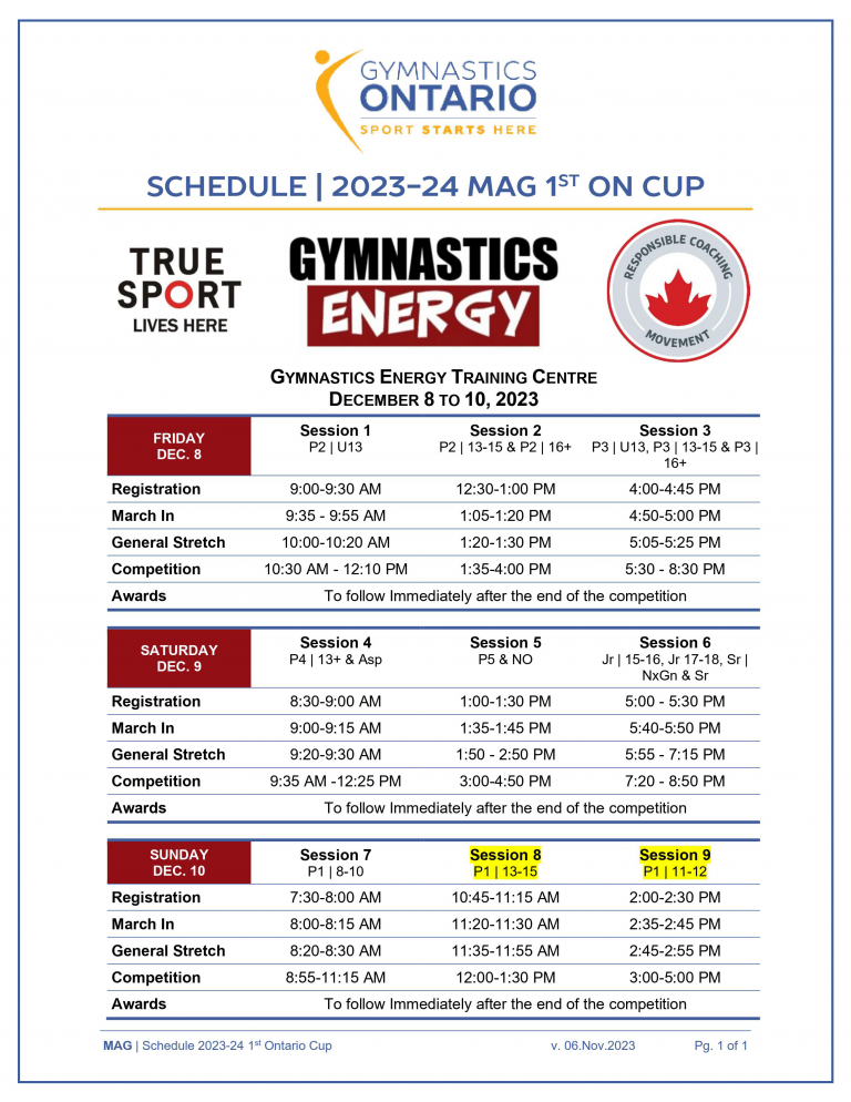 MAG Schedule -2023-24 Gymnastics Energy - Oakville Gymnastics