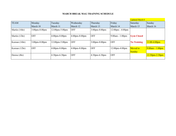 MARCH BREAK MAG TRAINING SCHEDULE - Oakville Gymnastics