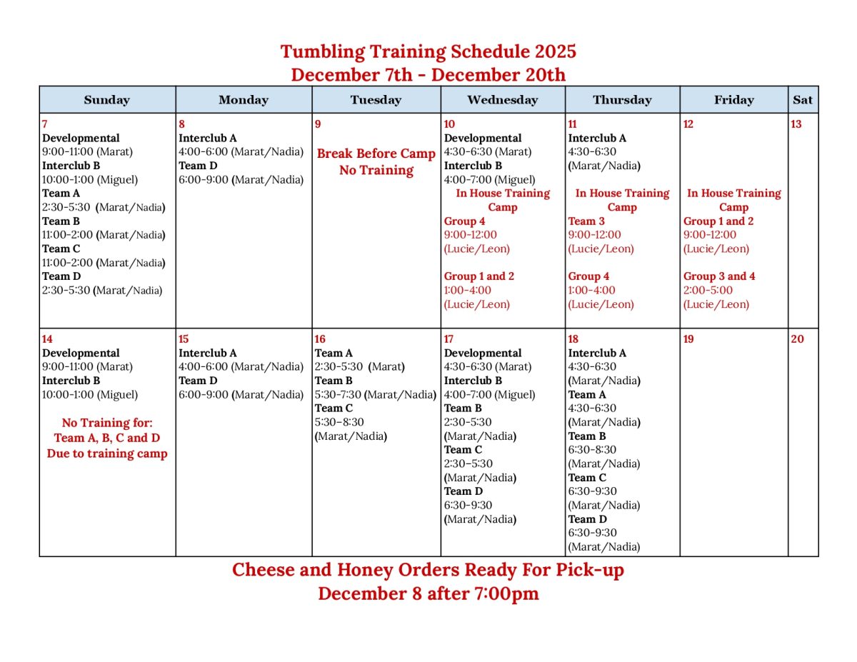 Tumbling Training Schedule 2025 December 7th - December 20th - Oakville ...