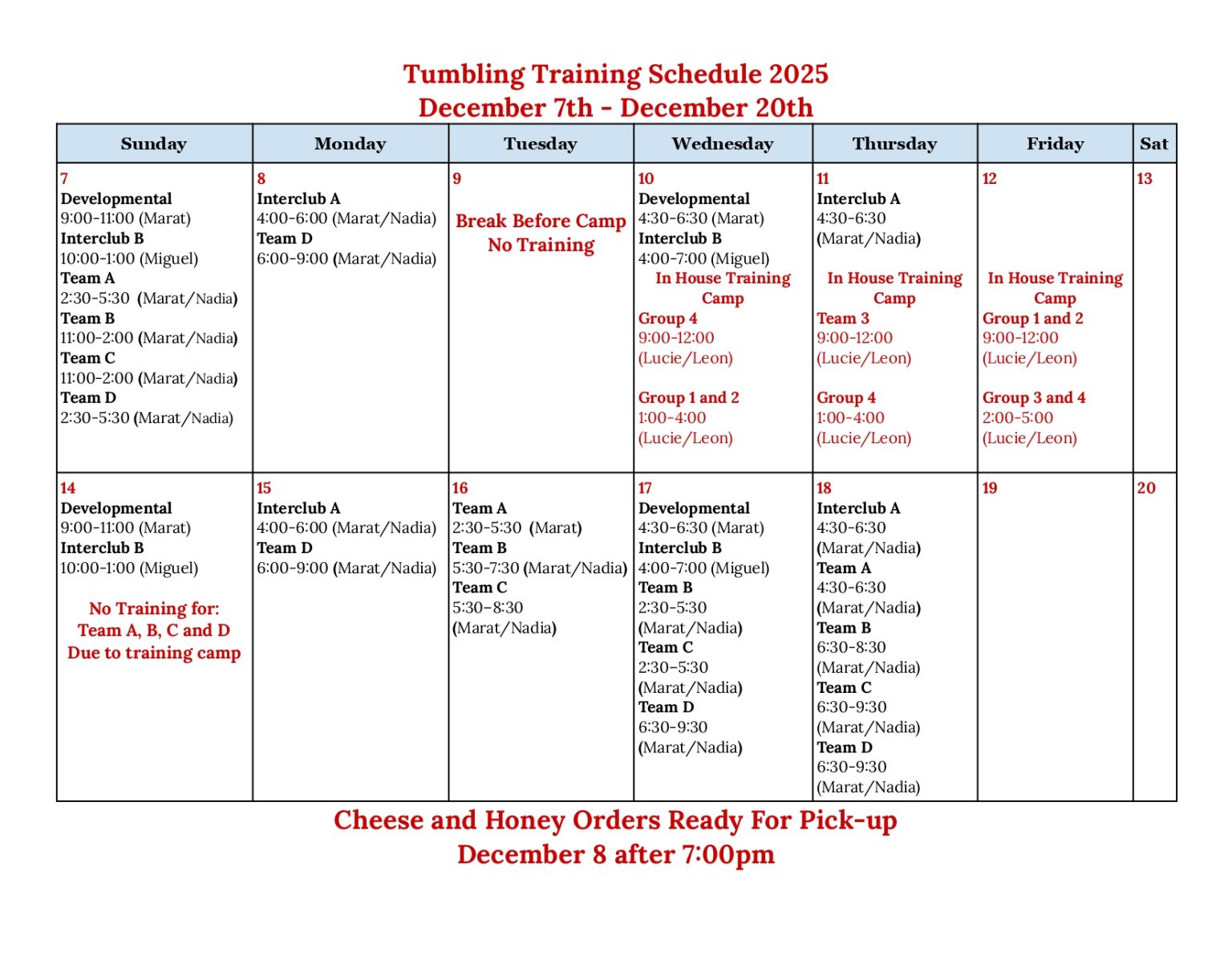 Tumbling Training Schedule 2025 December 7th - December 20th - Oakville ...